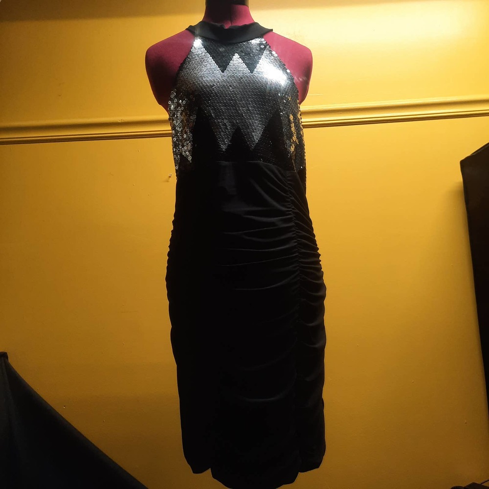 Y2k Siren Lily Black Silver Sequin Ruched Bottom Knee… - Gem